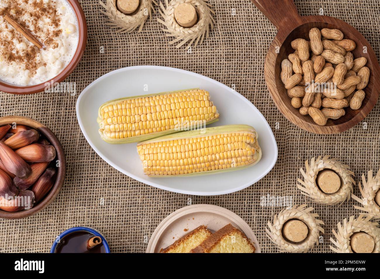 Typical brazilian june festival food over jute fabric. Festa junina ...