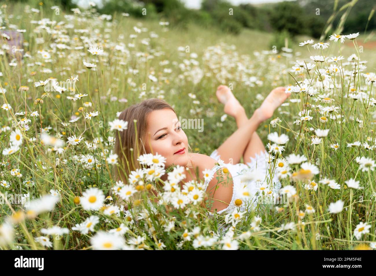 A woman lies in a chamomile field, dressed in a white dress Stock Photo ...