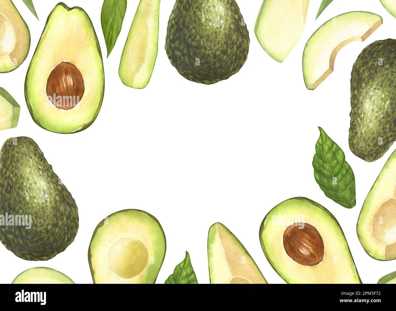 Watercolor frame, ripe avocado and halves avocado. Hand-drawn ...
