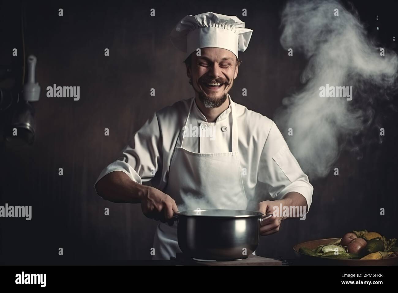Man in white chef outfit cooking Stock Photo - Alamy