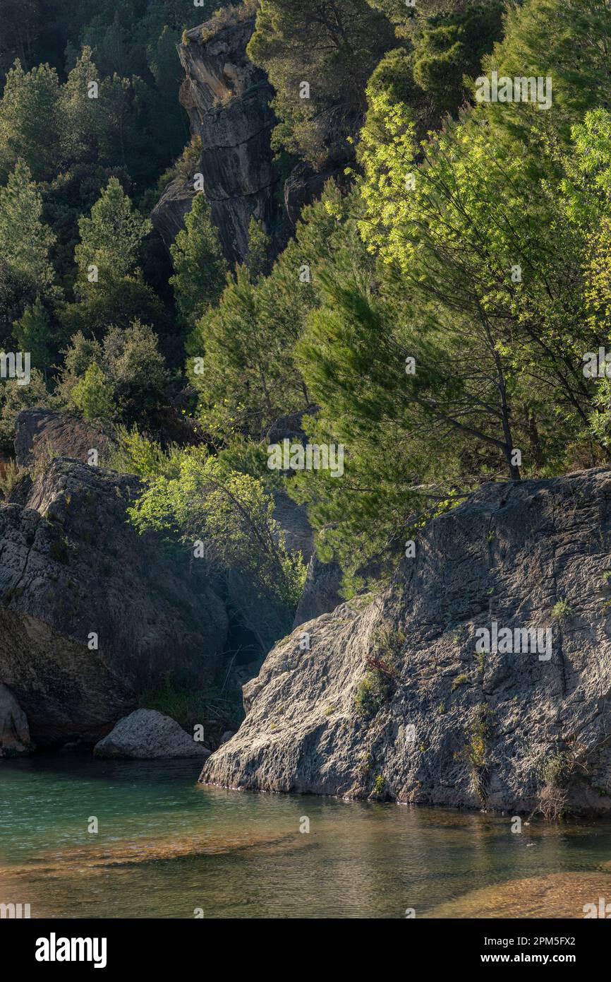 Rock and trees by a river in Spain Stock Photo - Alamy