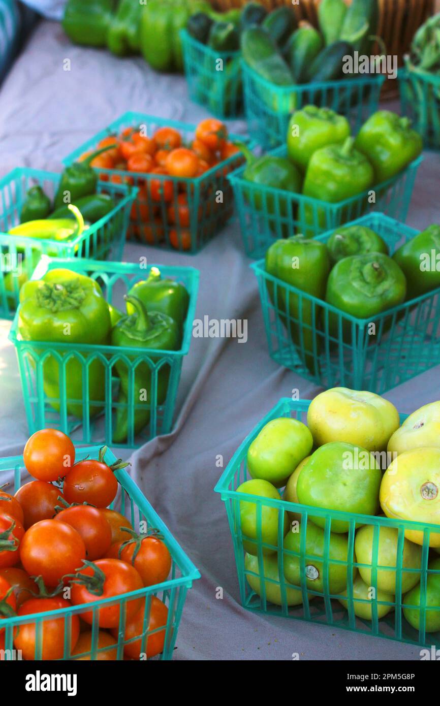 Baskets of Summer Produce at Farmers Market Stock Photo - Alamy