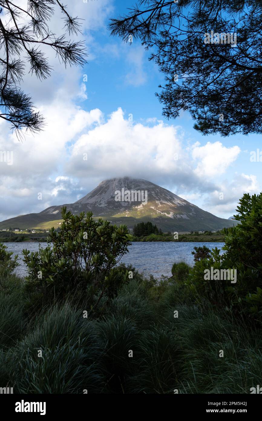Beautiful view of Errigal mountain Co. Sligo Ireland from small lake ...