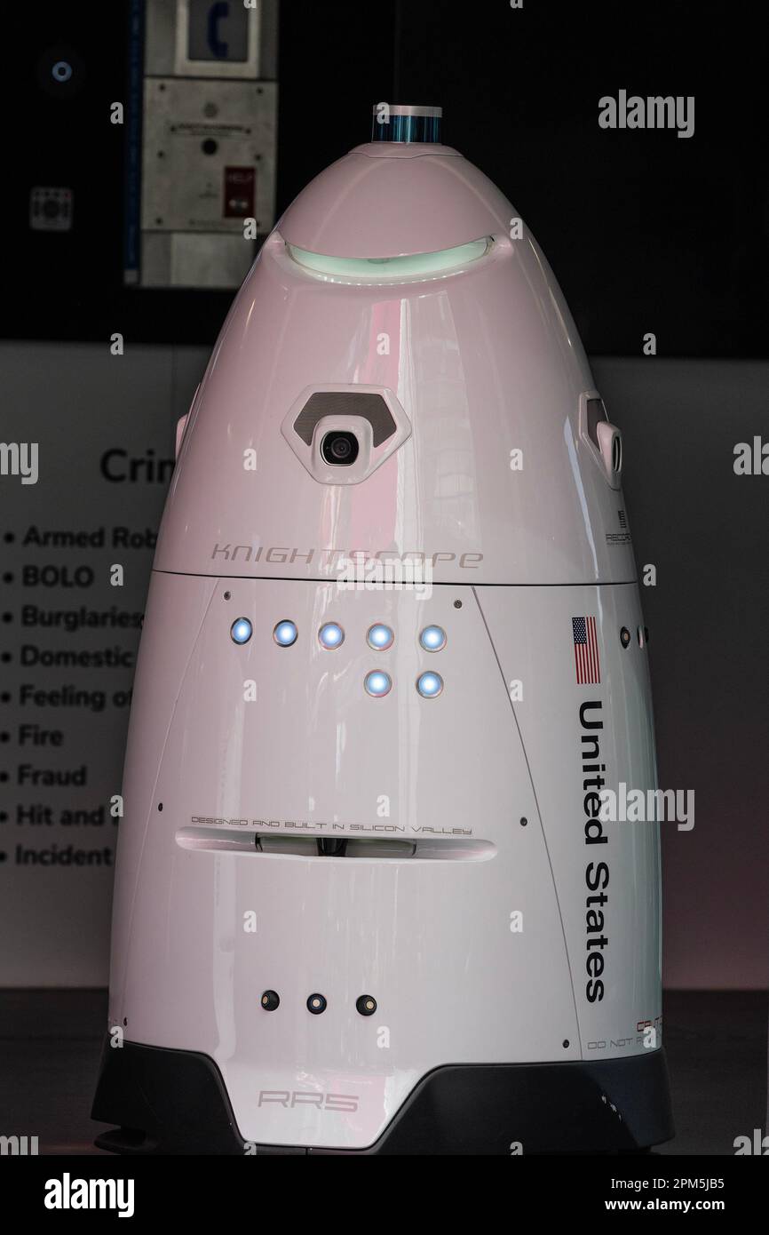 New York, USA. 11th Apr, 2023. K5 Autonomous Security Robot on display during NYPD announcement ...