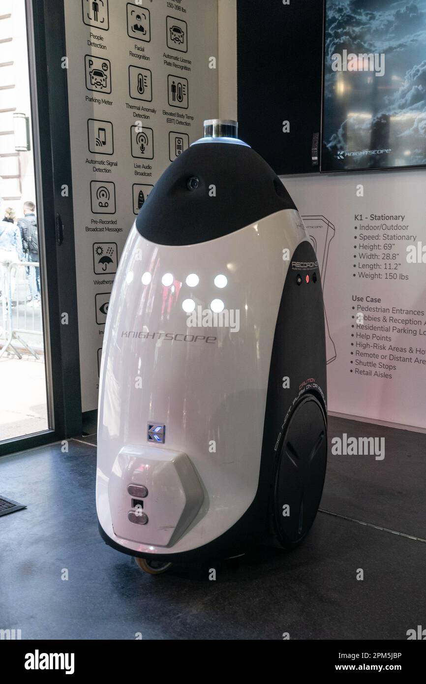 New York, USA. 11th Apr, 2023. K3 Autonomous Security Robot on display ...