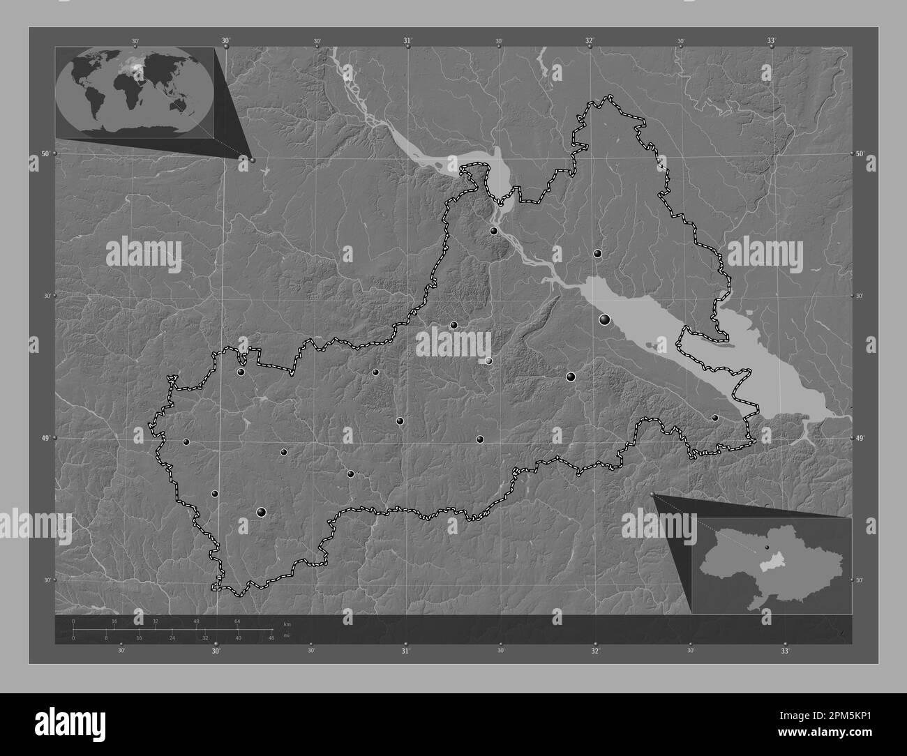Cherkasy, region of Ukraine. Bilevel elevation map with lakes and ...