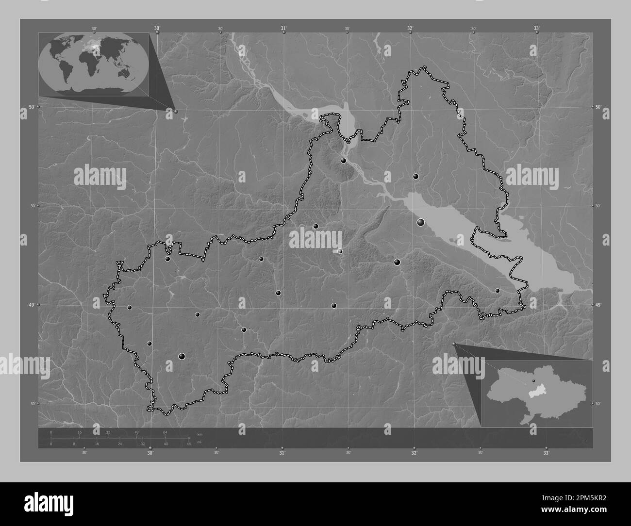 Cherkasy, region of Ukraine. Grayscale elevation map with lakes and ...