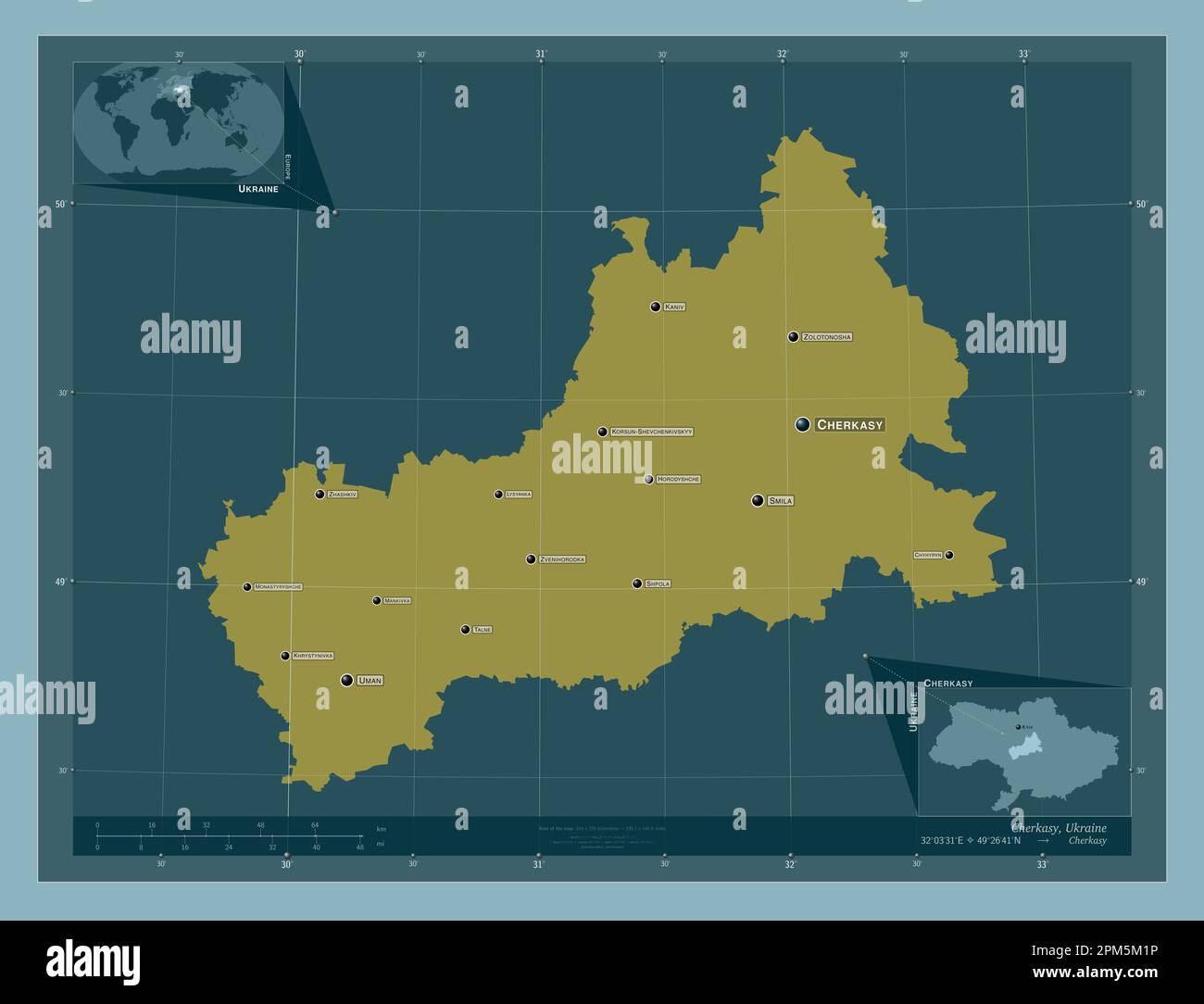 Cherkasy, region of Ukraine. Solid color shape. Locations and names of ...