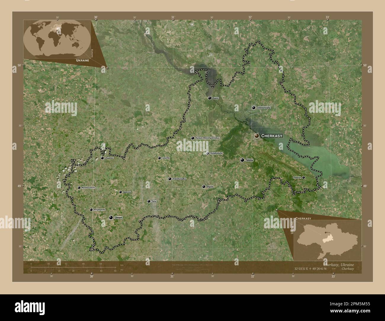 Cherkasy, region of Ukraine. Low resolution satellite map. Locations ...