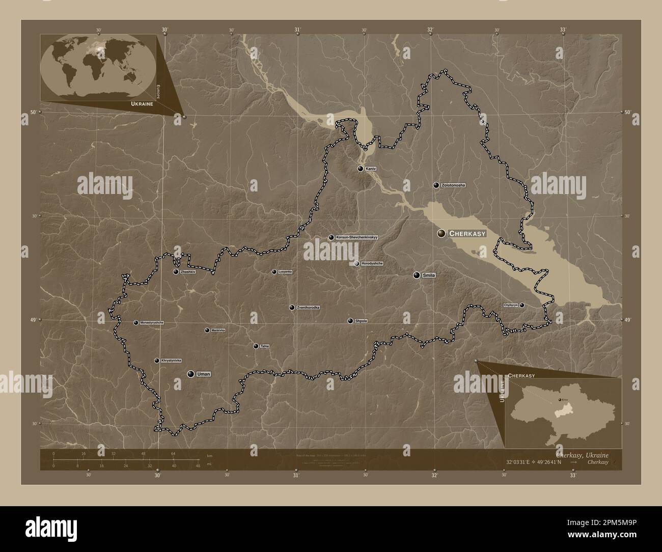 Cherkasy, region of Ukraine. Elevation map colored in sepia tones with ...