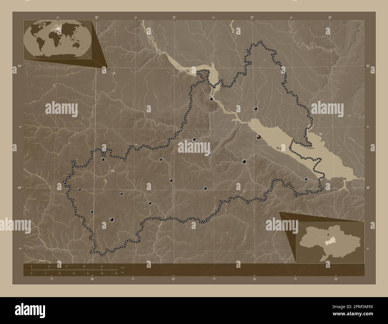 Cherkasy, region of Ukraine. Elevation map colored in sepia tones with ...