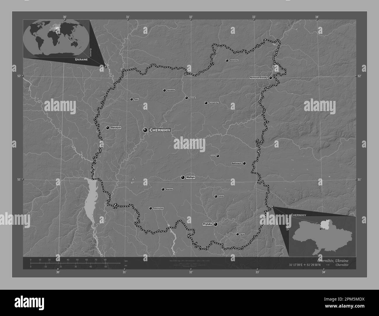 Chernihiv, region of Ukraine. Bilevel elevation map with lakes and ...