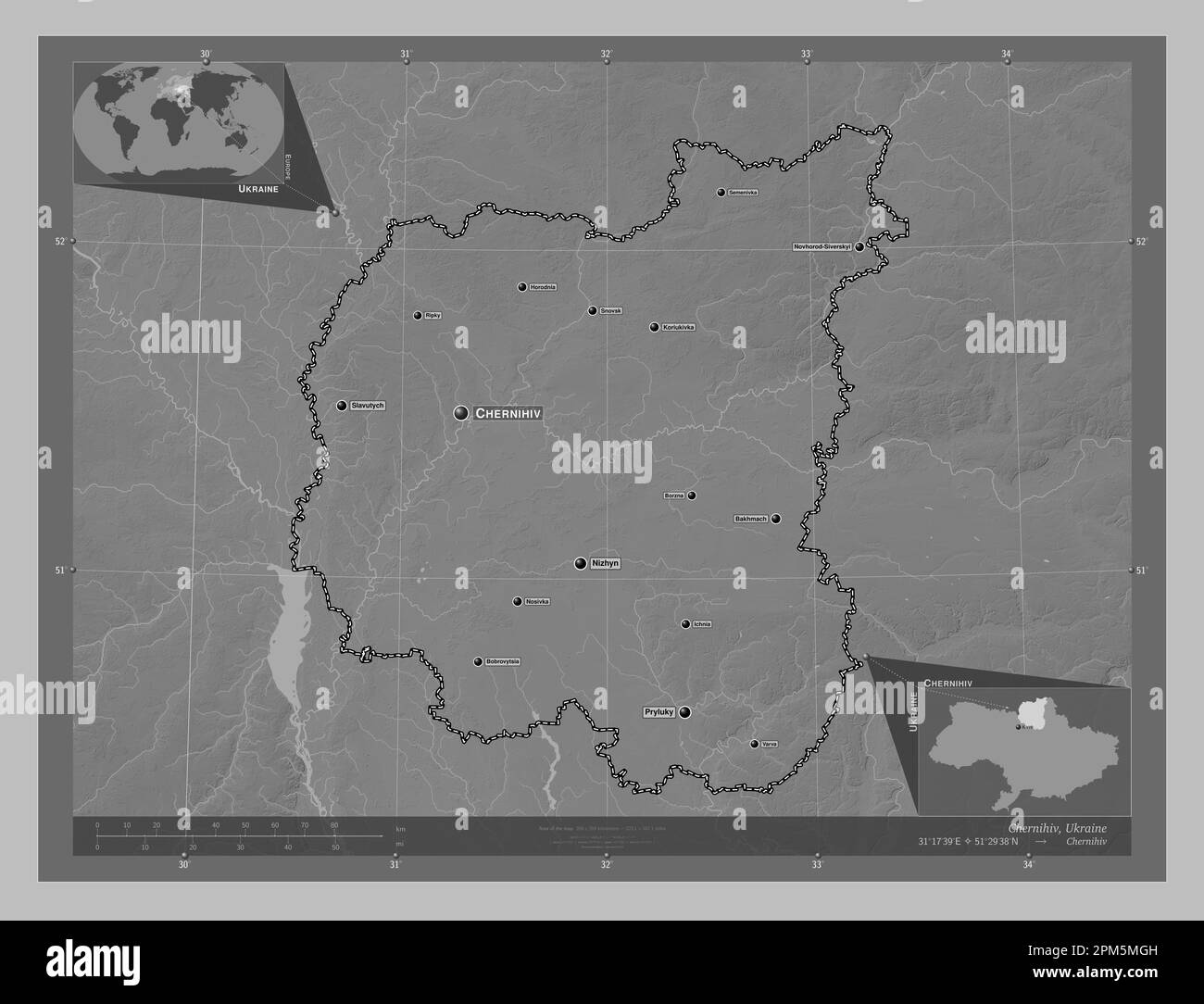 Chernihiv, region of Ukraine. Grayscale elevation map with lakes and ...