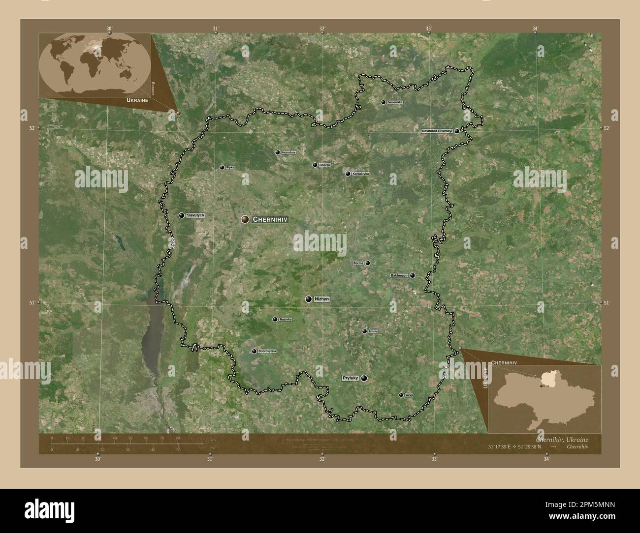 Chernihiv, region of Ukraine. Low resolution satellite map. Locations ...