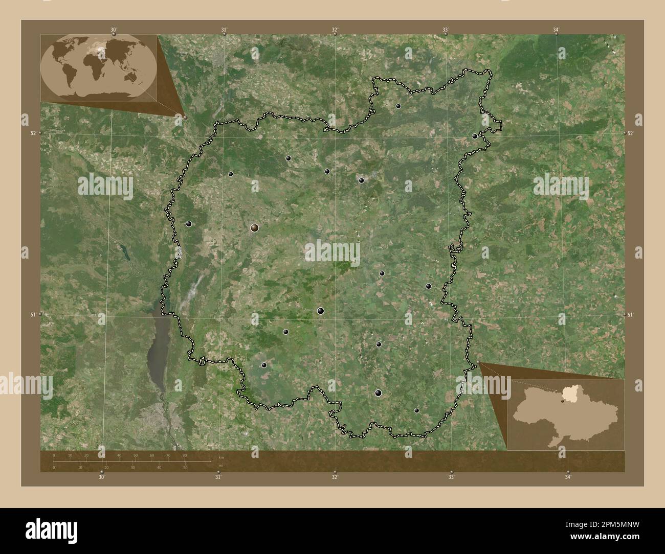Chernihiv, region of Ukraine. Low resolution satellite map. Locations ...