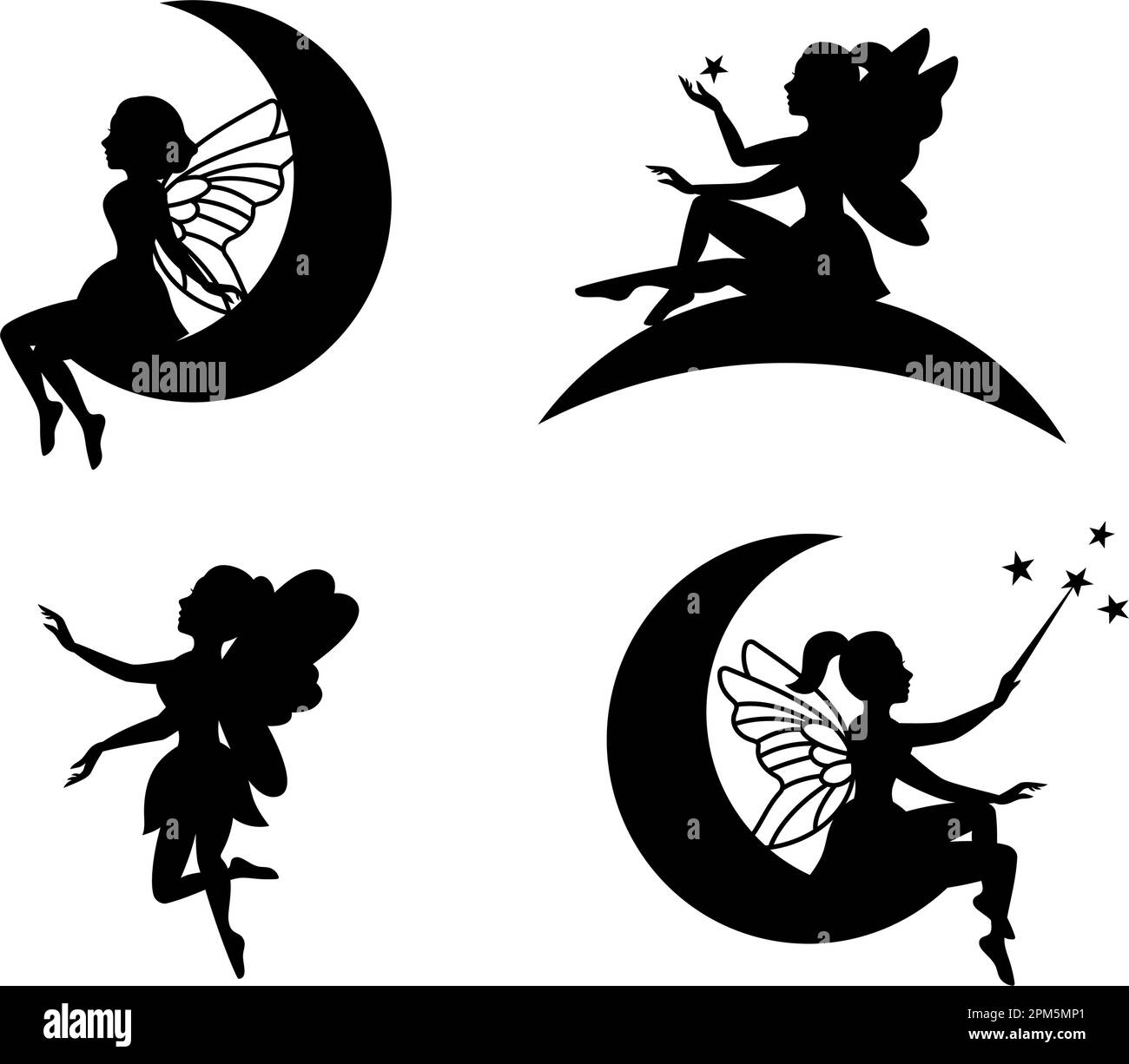 Fairies with moons. Mythical fairy tale characters in cute dresses ...