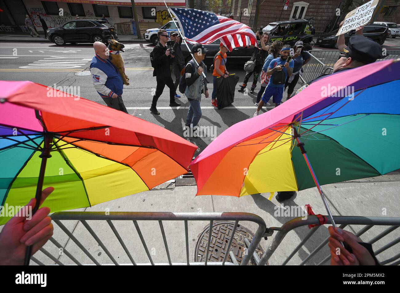 New York, USA. 11th Apr, 2023. Protesters and counter protesters seen ...