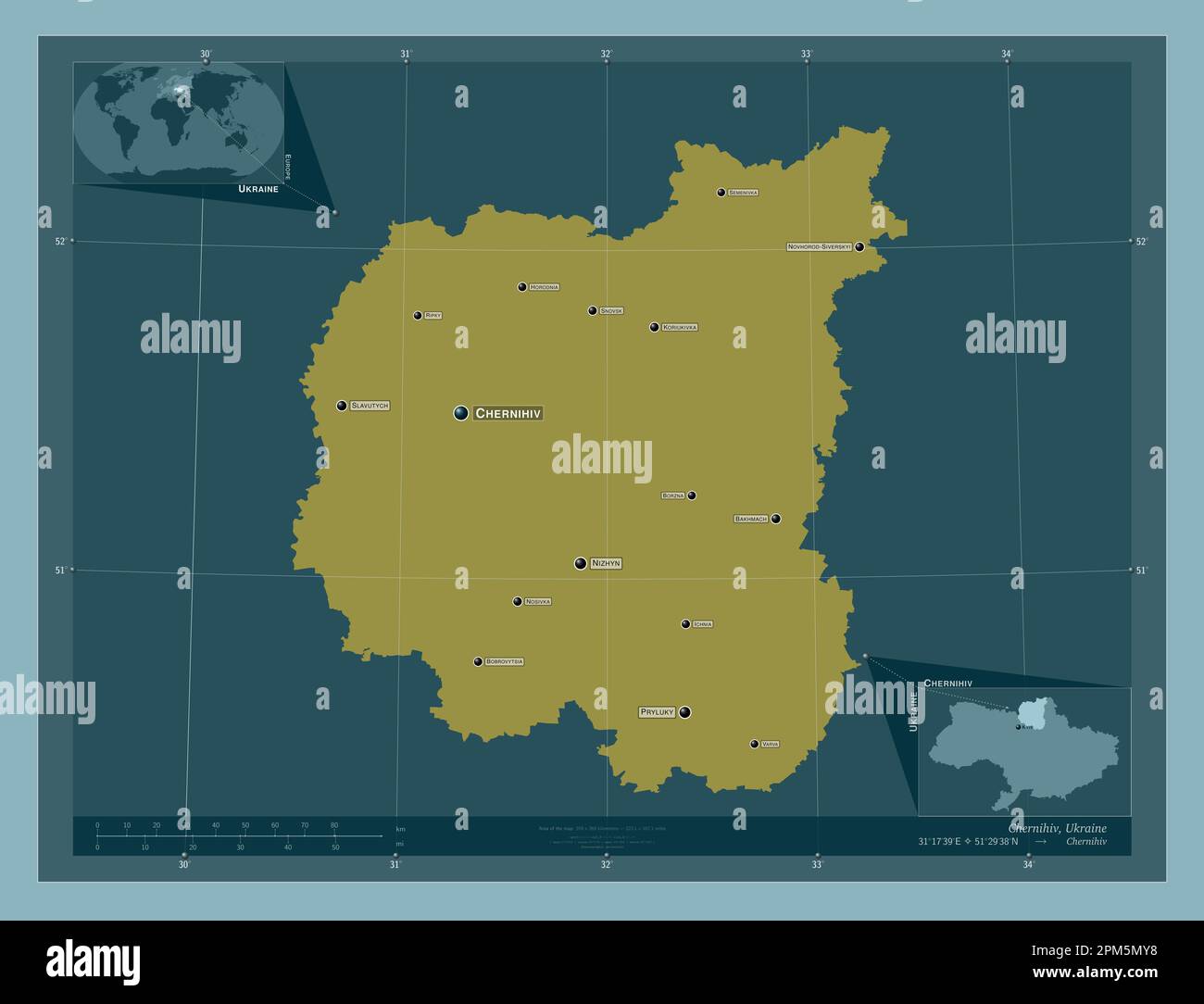 Chernihiv, region of Ukraine. Solid color shape. Locations and names of ...