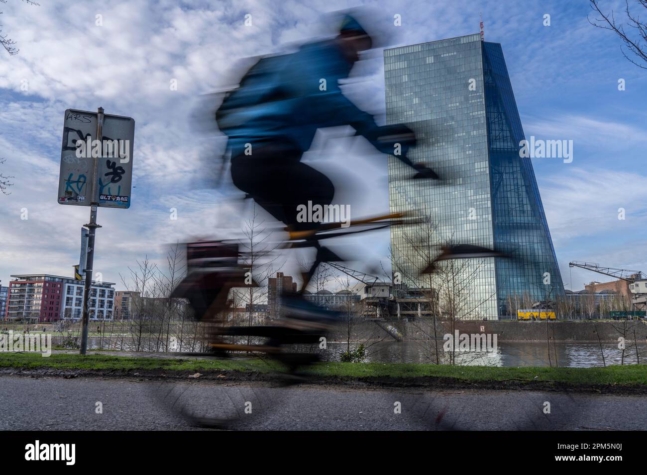 European Central Bank Building, ECB, cycle path on the Main river, in ...