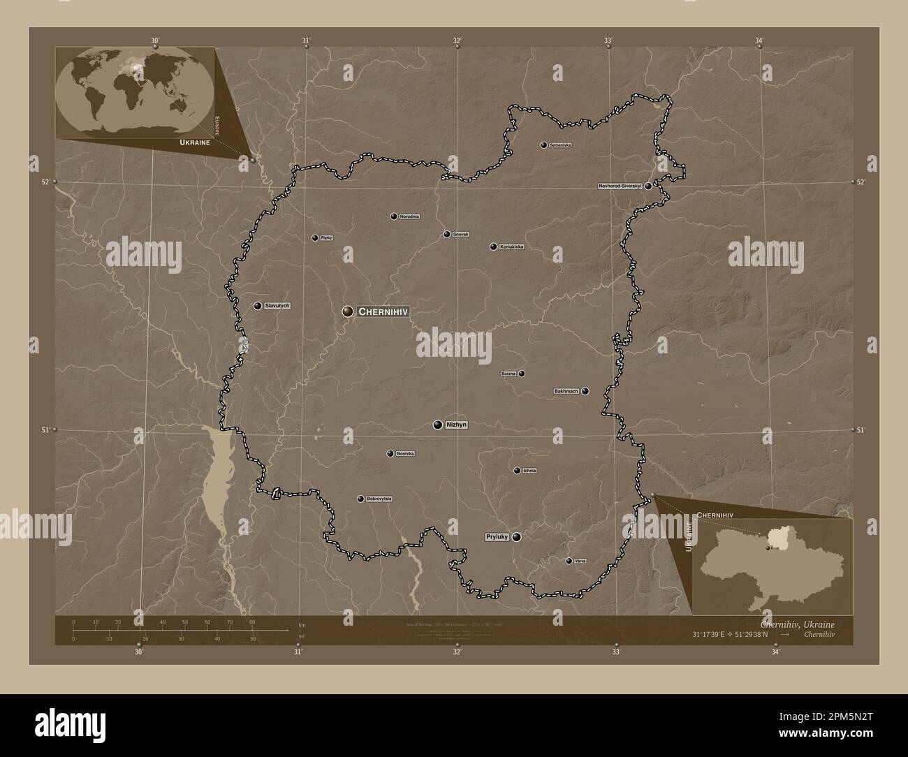 Chernihiv, region of Ukraine. Elevation map colored in sepia tones with ...