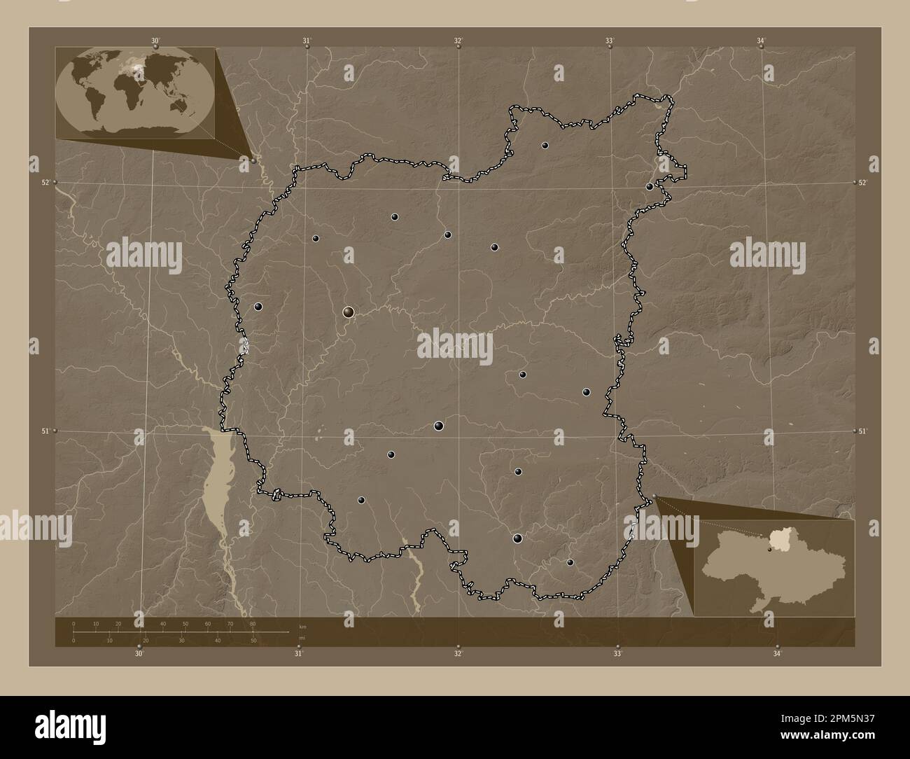 Chernihiv, region of Ukraine. Elevation map colored in sepia tones with ...