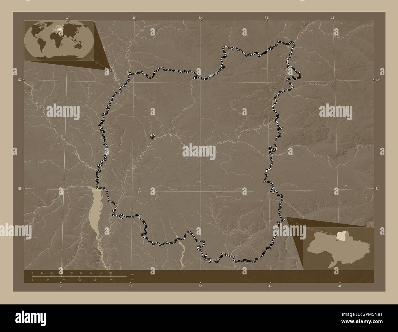 Chernihiv, region of Ukraine. Elevation map colored in sepia tones with ...