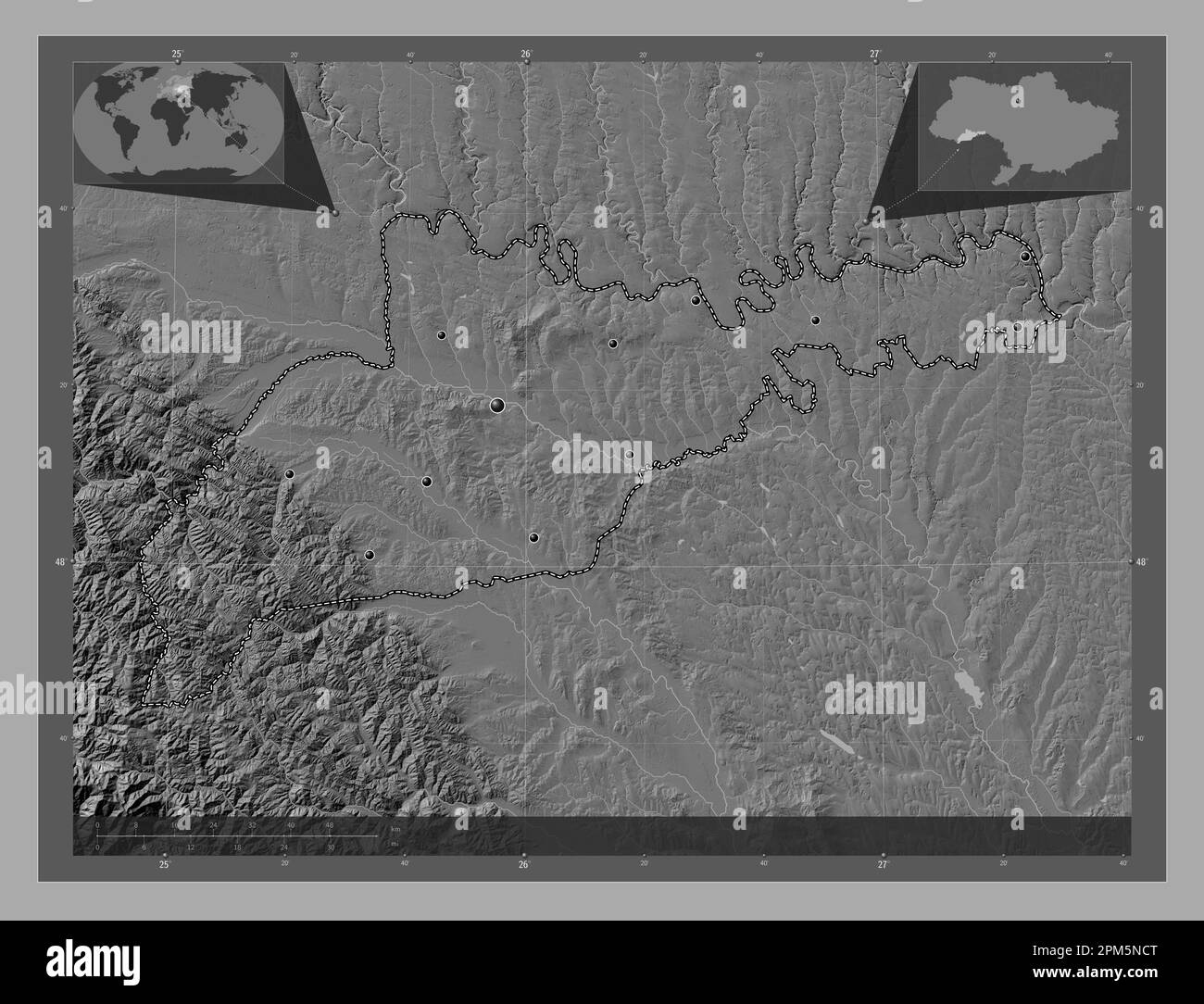Chernivtsi, region of Ukraine. Bilevel elevation map with lakes and ...
