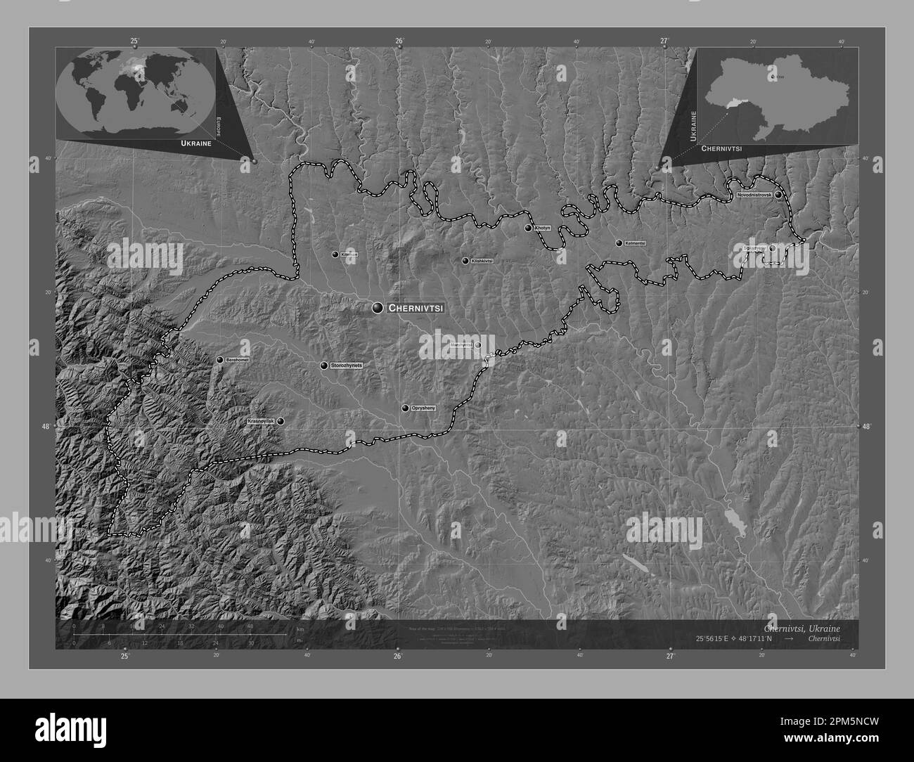 Chernivtsi, region of Ukraine. Bilevel elevation map with lakes and ...