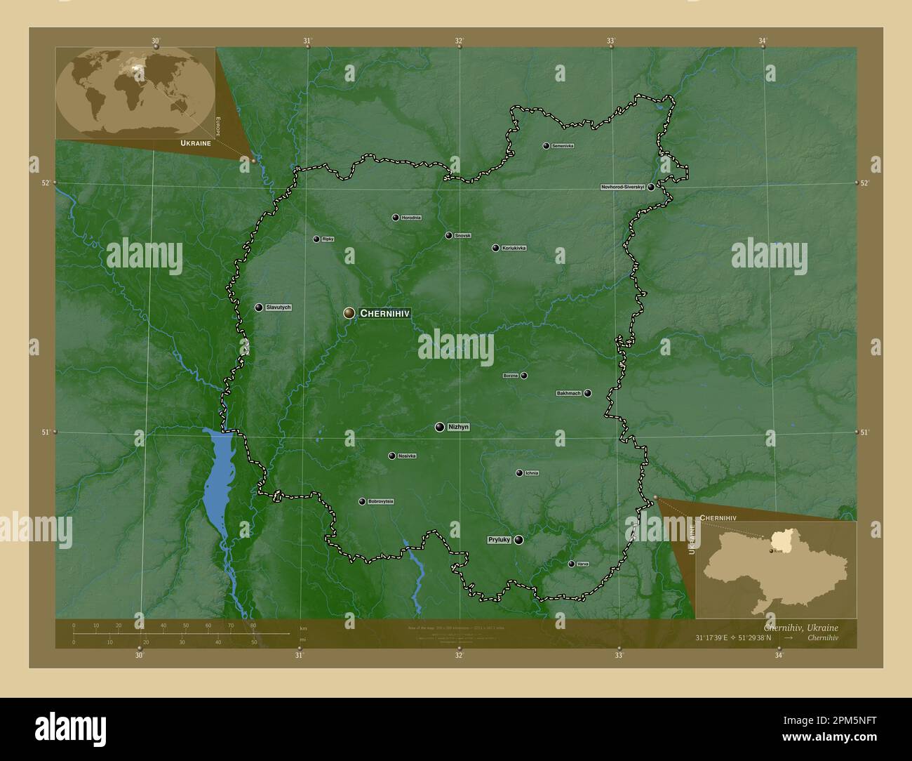 Chernihiv, region of Ukraine. Colored elevation map with lakes and ...