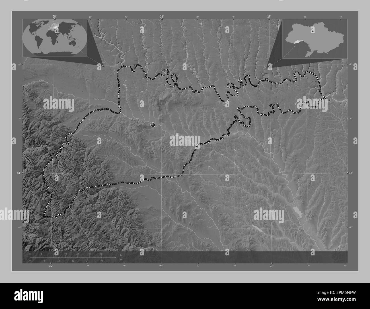 Chernivtsi, region of Ukraine. Grayscale elevation map with lakes and ...