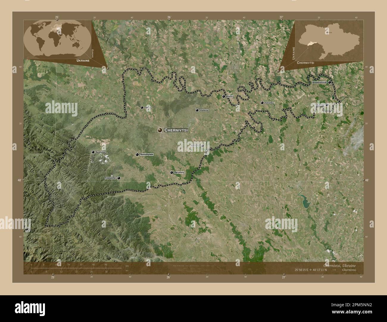 Chernivtsi, region of Ukraine. Low resolution satellite map. Locations ...