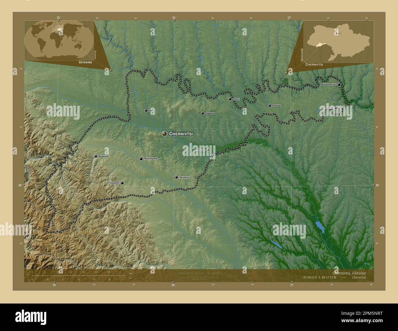 Chernivtsi, region of Ukraine. Colored elevation map with lakes and ...