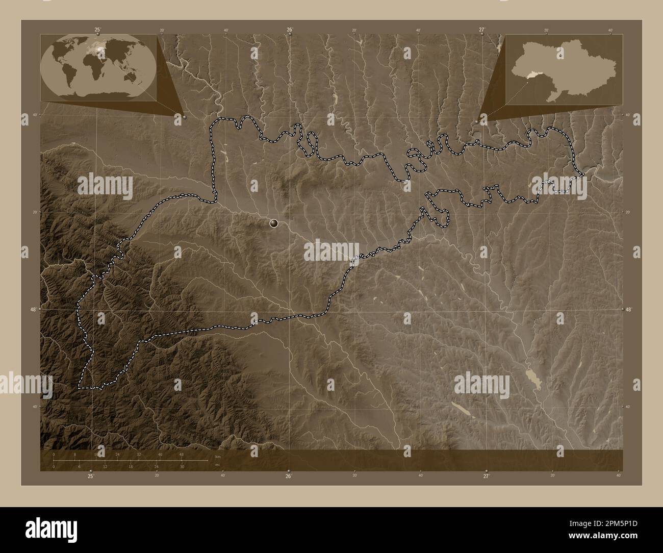 Chernivtsi, region of Ukraine. Elevation map colored in sepia tones ...