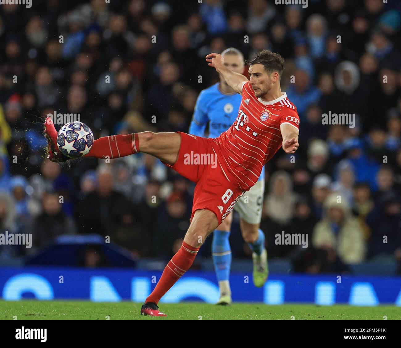 Leon Goretzka #8 of Bayern Munich passes the ball during the UEFA ...