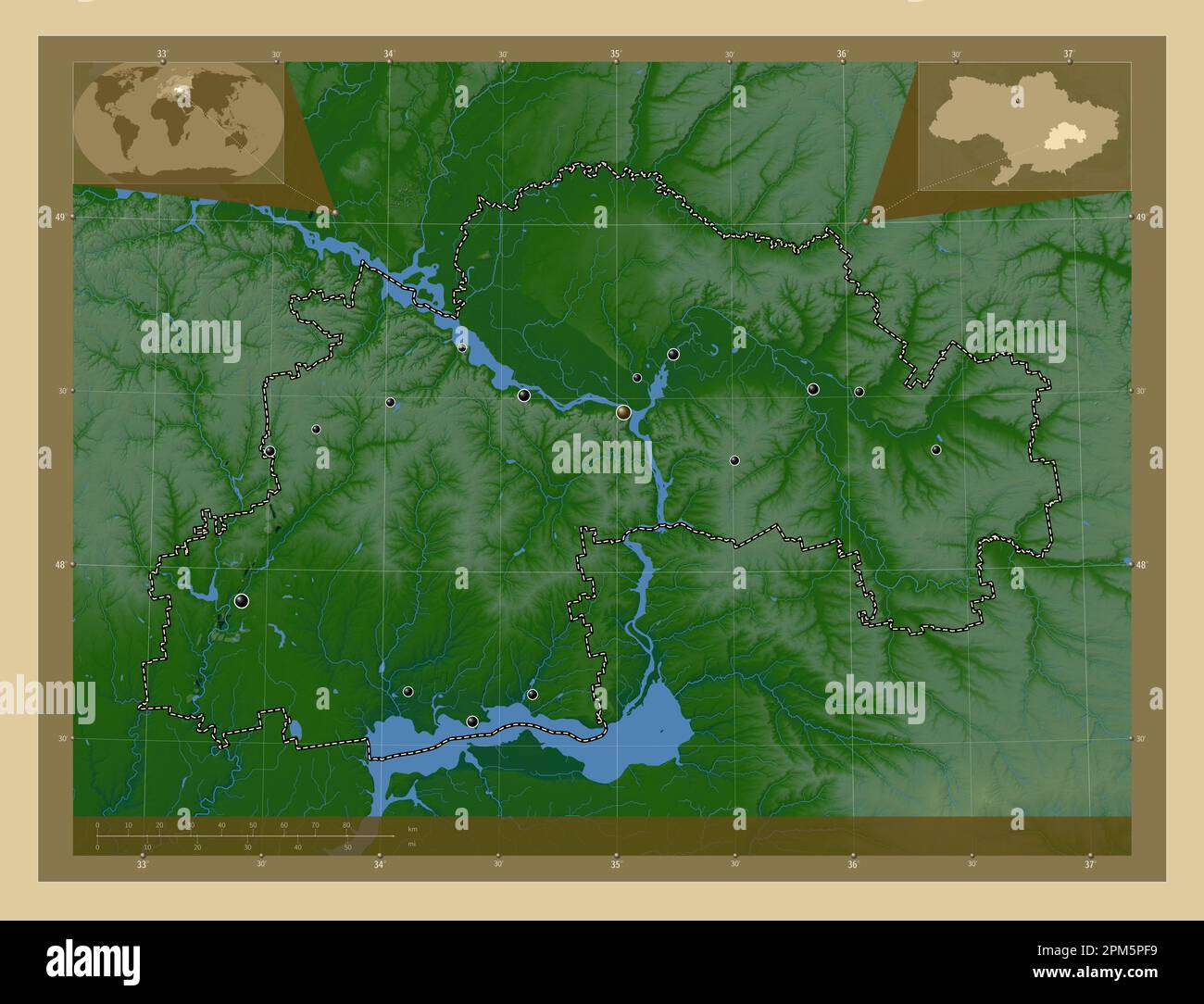 Dnipropetrovs'k, region of Ukraine. Colored elevation map with lakes ...