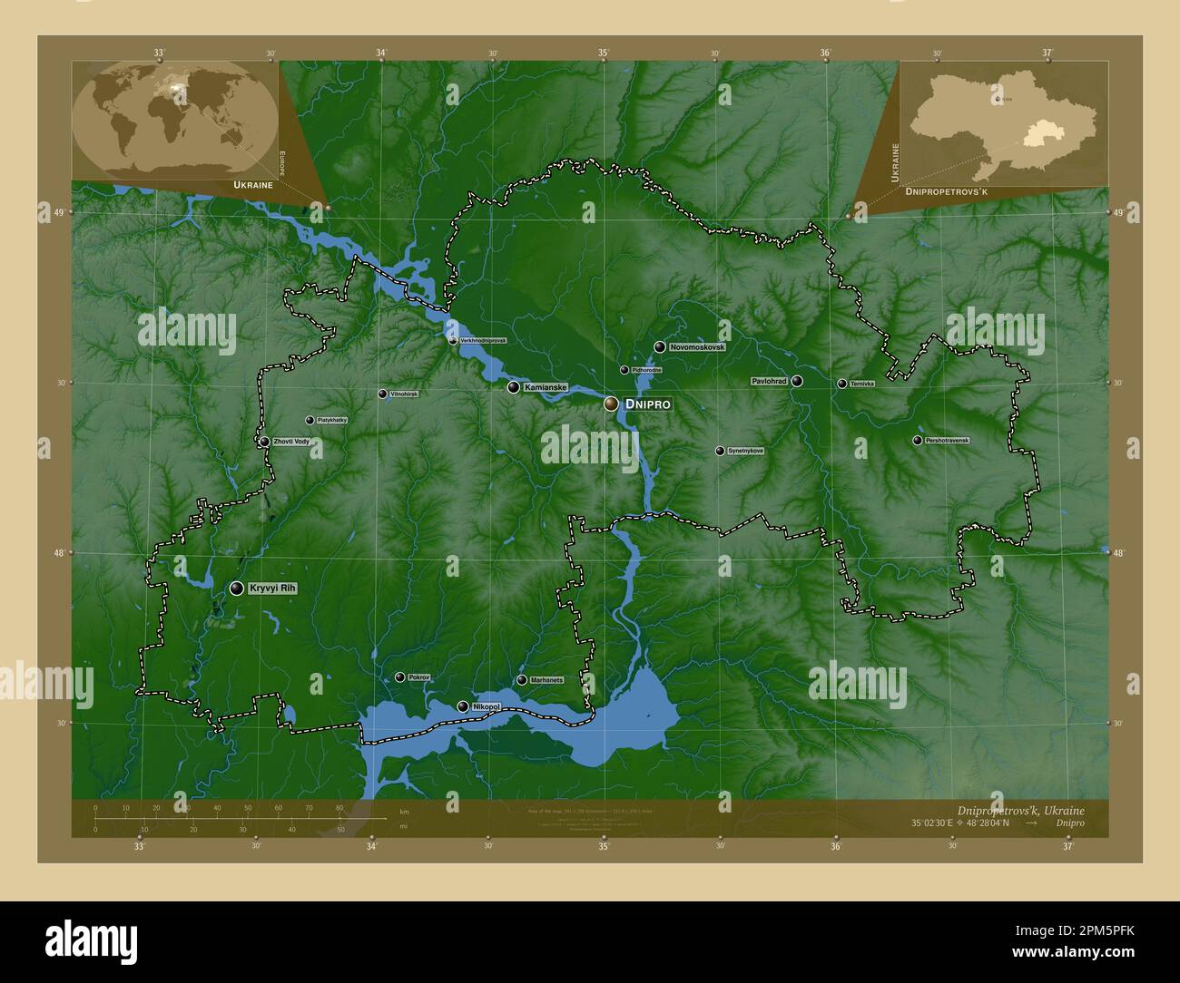 Dnipropetrovs'k, region of Ukraine. Colored elevation map with lakes ...