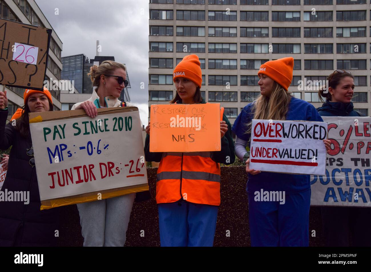 London, UK. 11th April 2023. Junior doctors stand at the picket outside ...