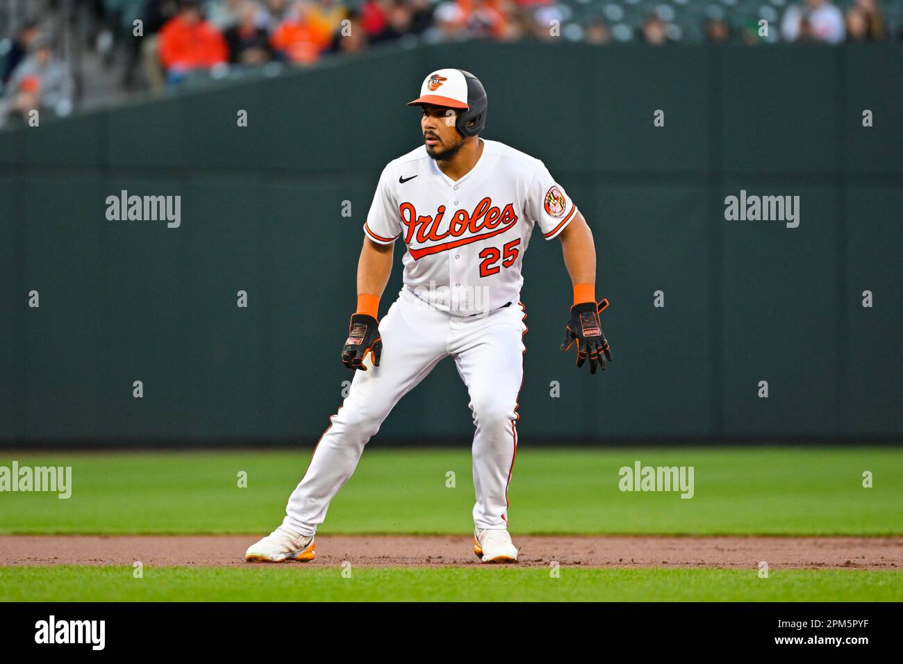 Baltimore Orioles' Anthony Santander (25) takes a lead from second base ...