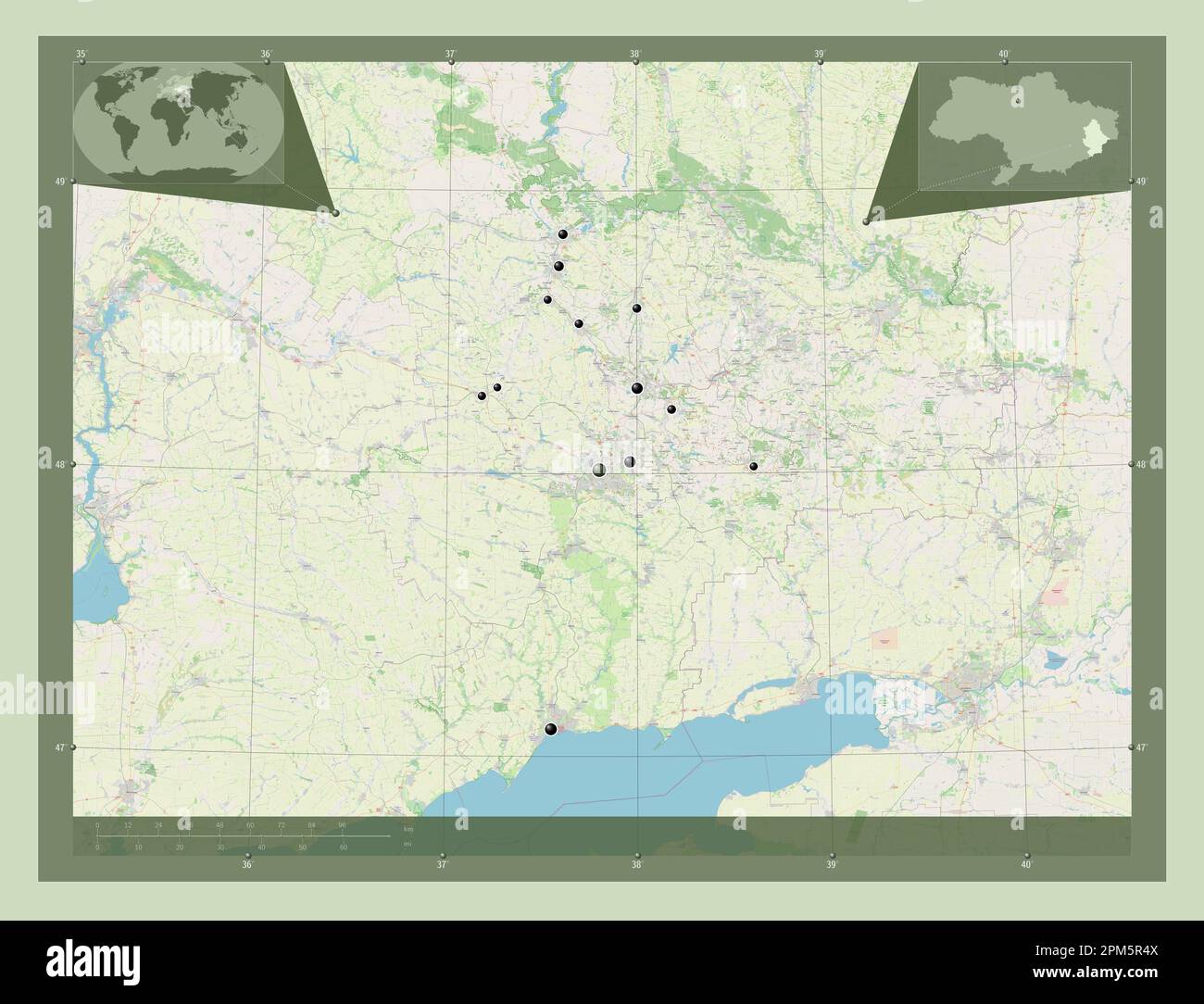 Donets'k, region of Ukraine. Open Street Map. Locations of major cities ...