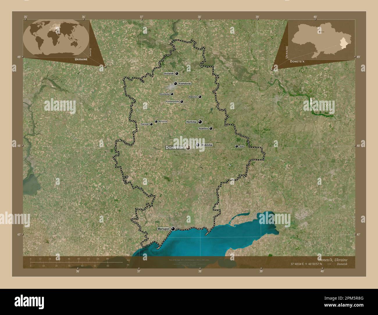 Donets'k, region of Ukraine. Low resolution satellite map. Locations ...
