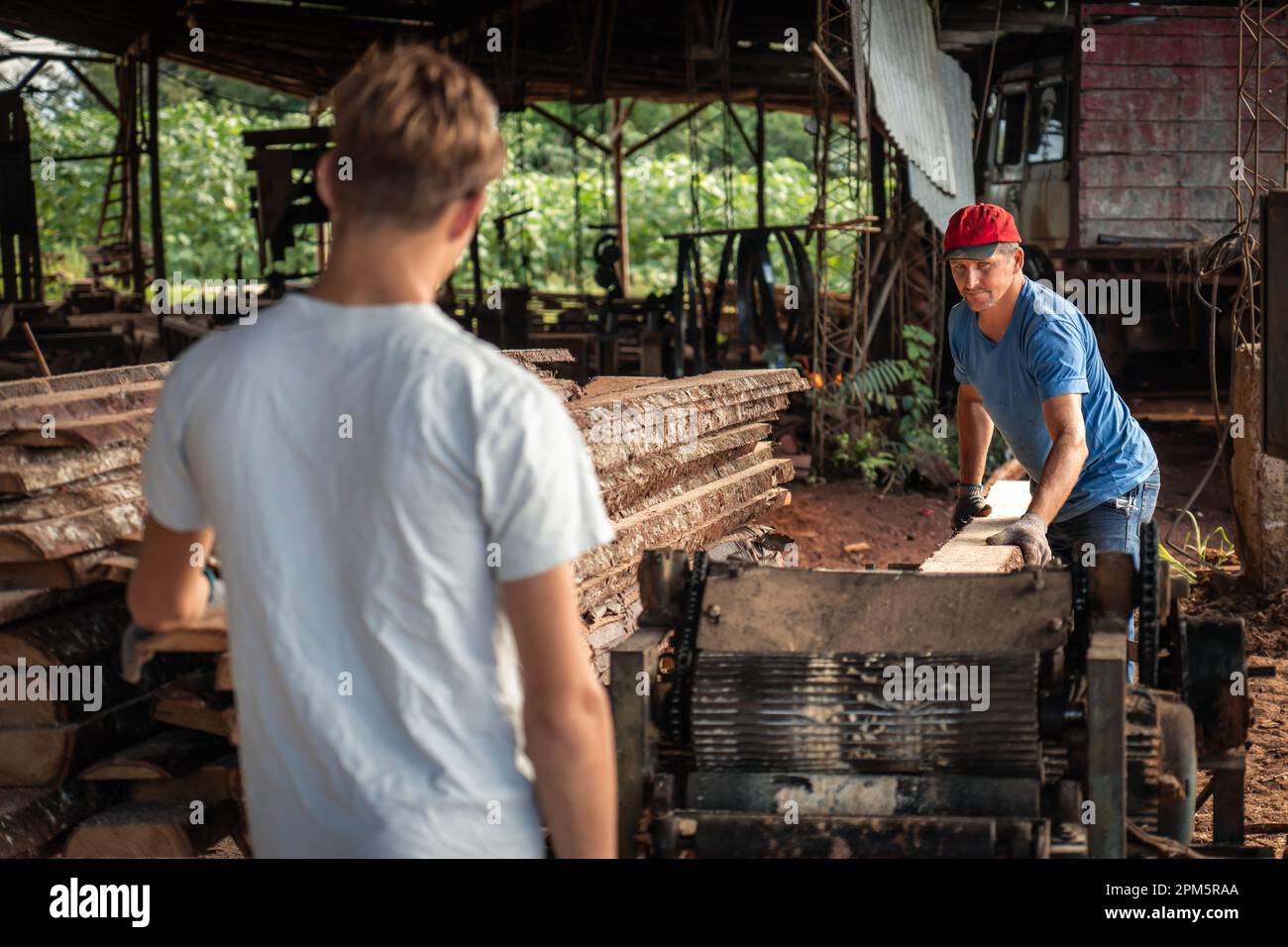 Adult man working on woodworking machines in carpentry shop with his ...