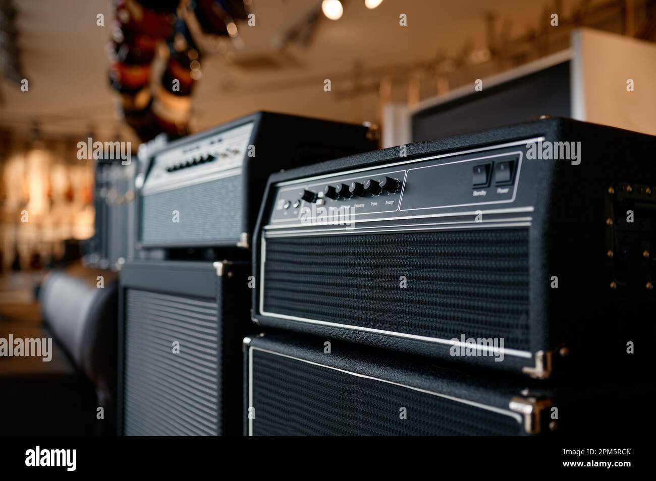 Audio sound amplifier equipment assortment at music shop showcase Stock ...