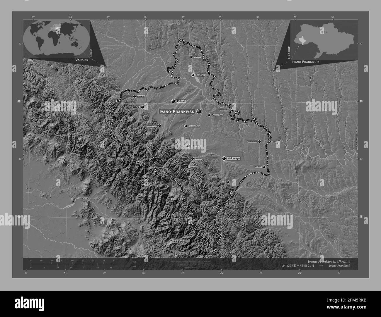 Ivano-Frankivs'k, region of Ukraine. Bilevel elevation map with lakes ...