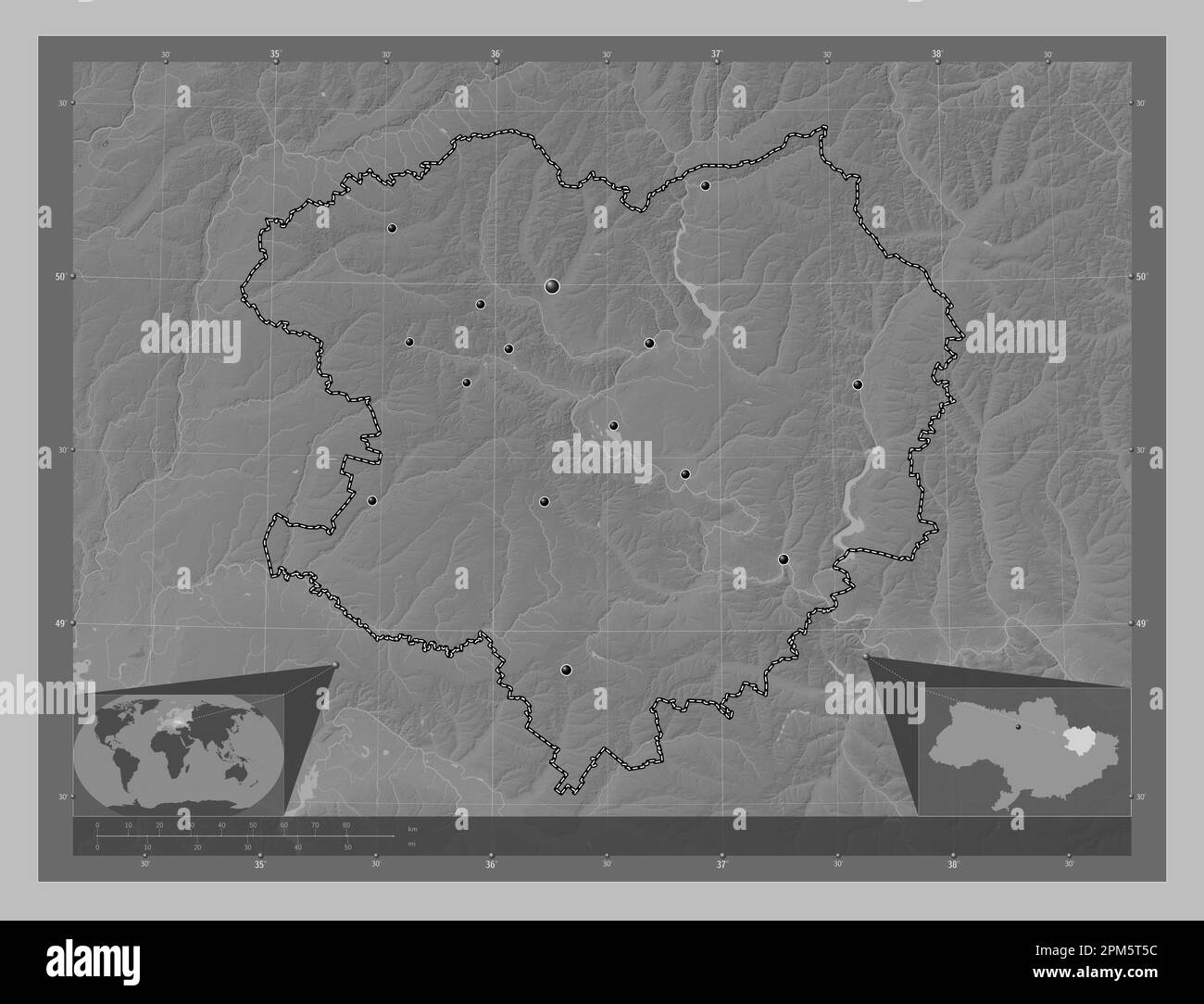Kharkiv, region of Ukraine. Grayscale elevation map with lakes and ...