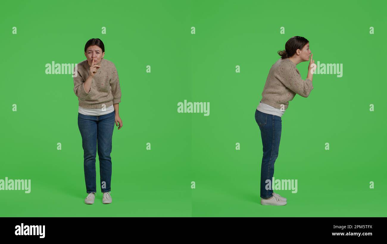 Private person doing hush silence symbol to keep secret, showing mute ...