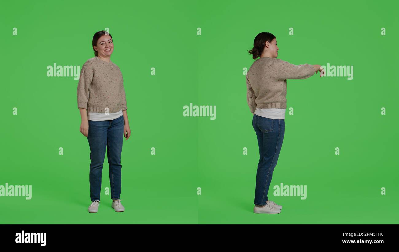 Female person asking for people and reaching hand out, requesting to ...