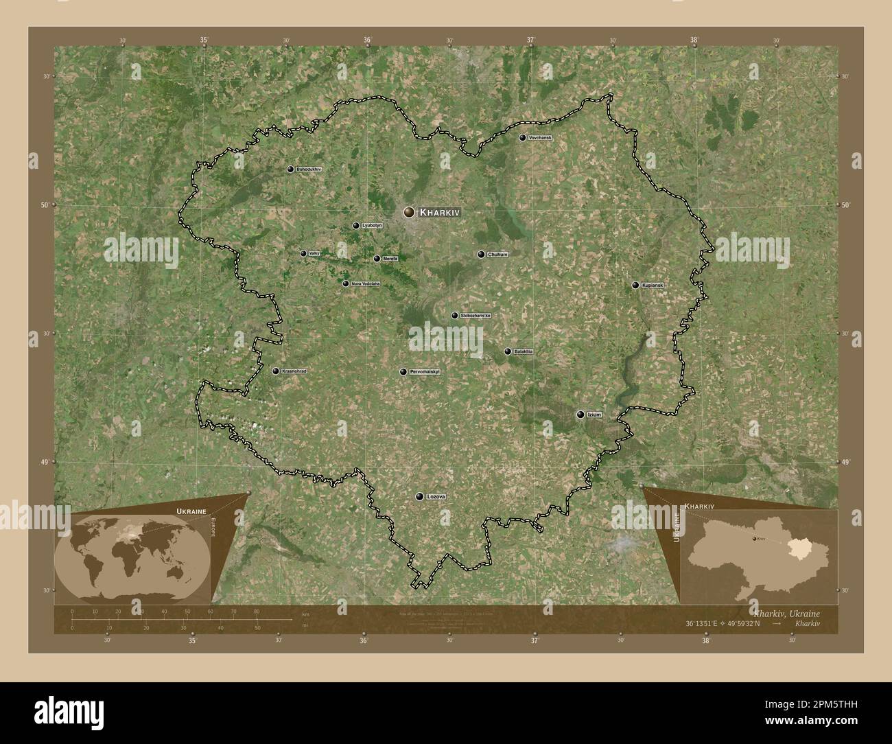 Kharkiv, region of Ukraine. Low resolution satellite map. Locations and ...