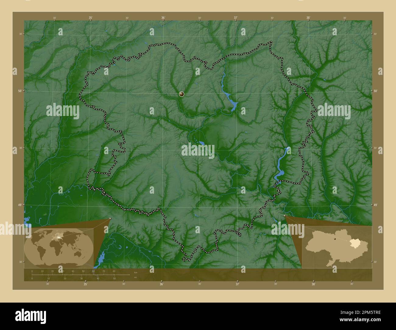 Kharkiv, region of Ukraine. Colored elevation map with lakes and rivers ...