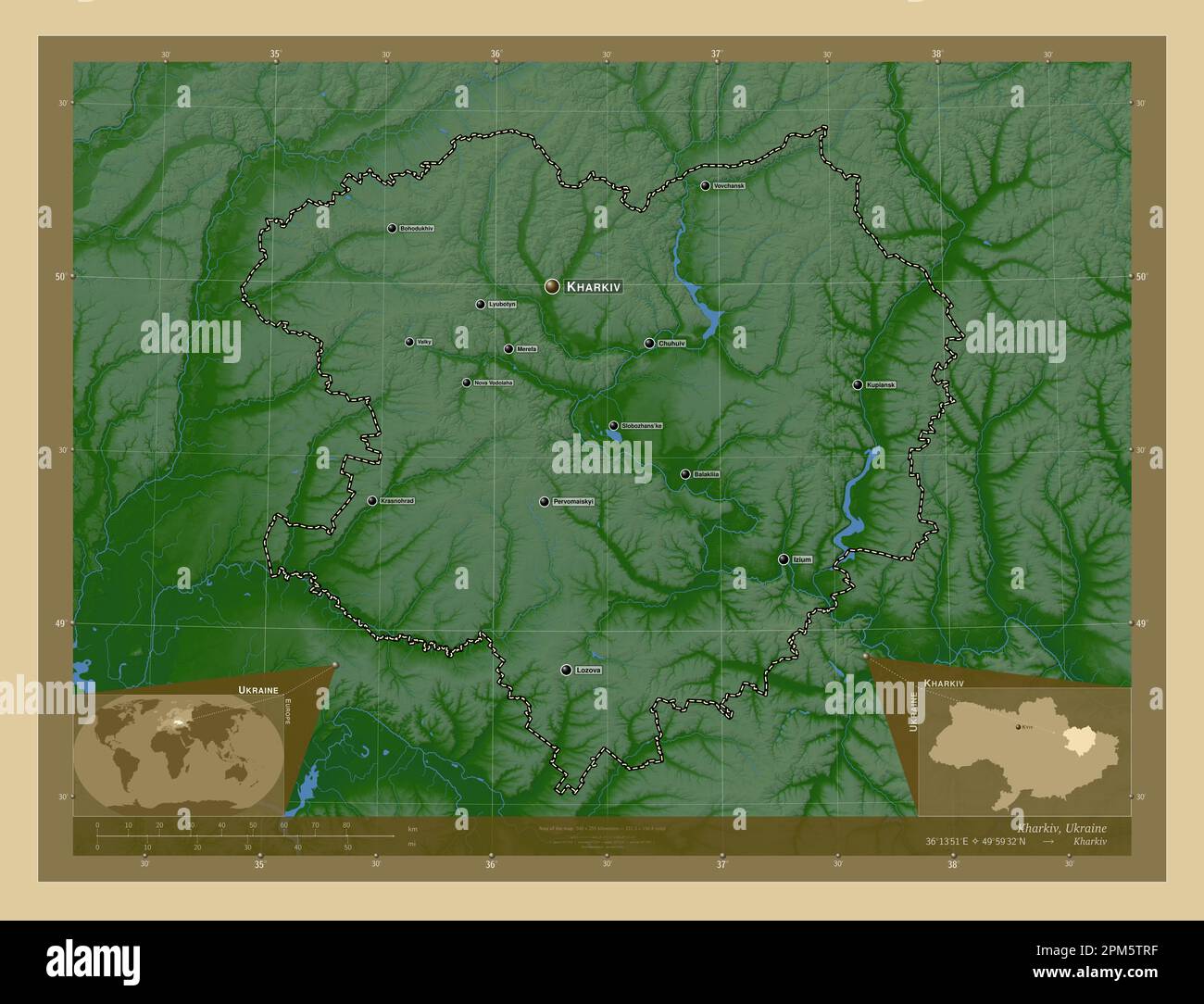 Kharkiv, region of Ukraine. Colored elevation map with lakes and rivers ...