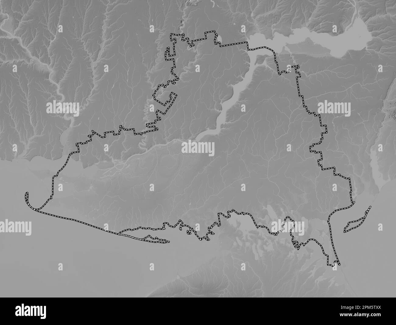 Kherson, region of Ukraine. Grayscale elevation map with lakes and ...
